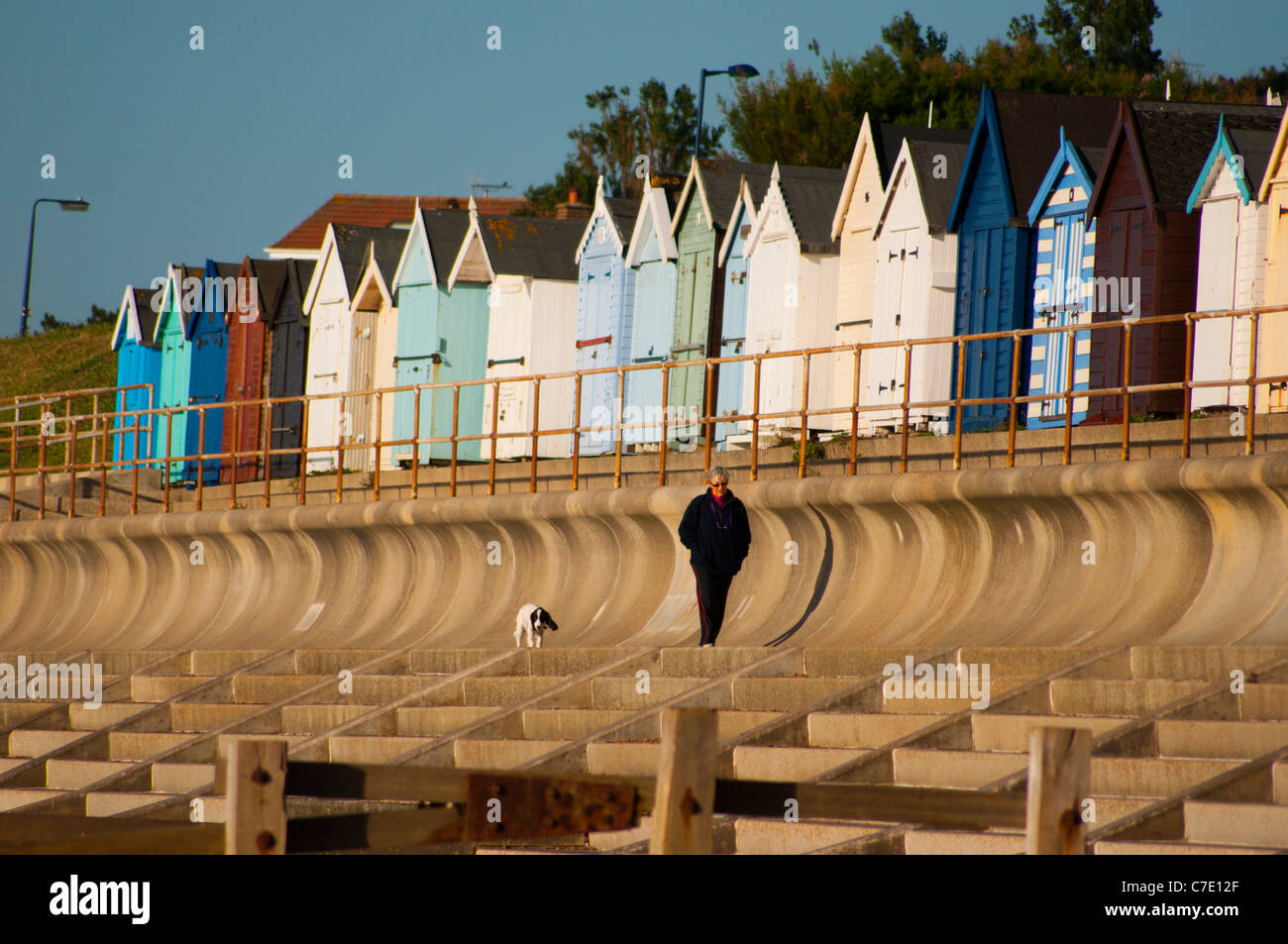 Old Felixstowe sea front with wood groynes and concrete sea defences ...