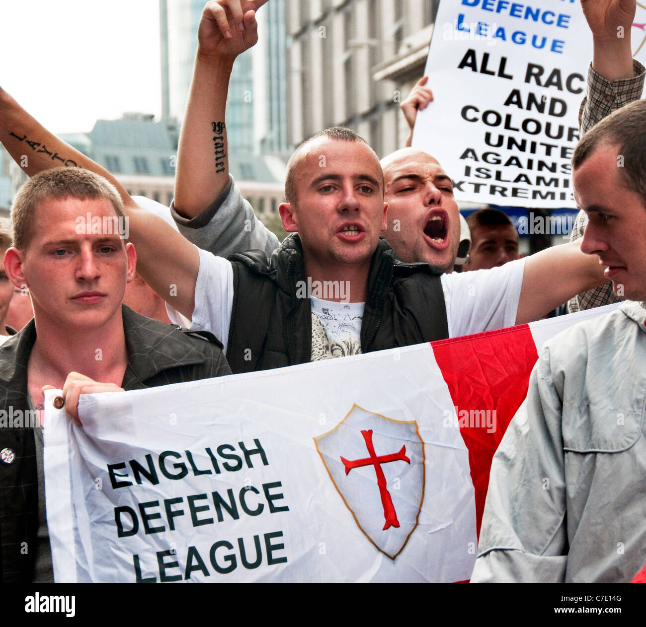 English Defence League EDL march through Tower Hamlets London East End ...