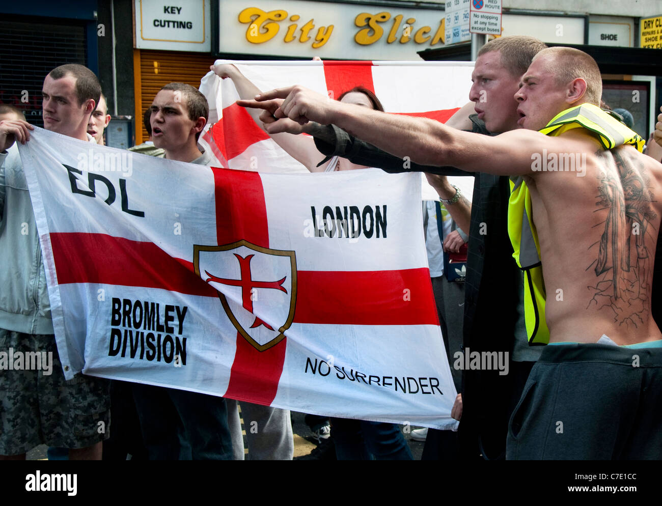 English Defence League EDL march through Tower Hamlets London East End ...