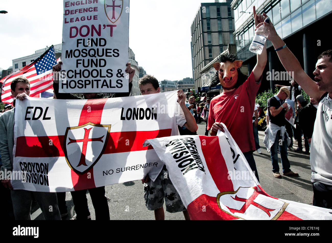English Defence League EDL march through Tower Hamlets London East End ...