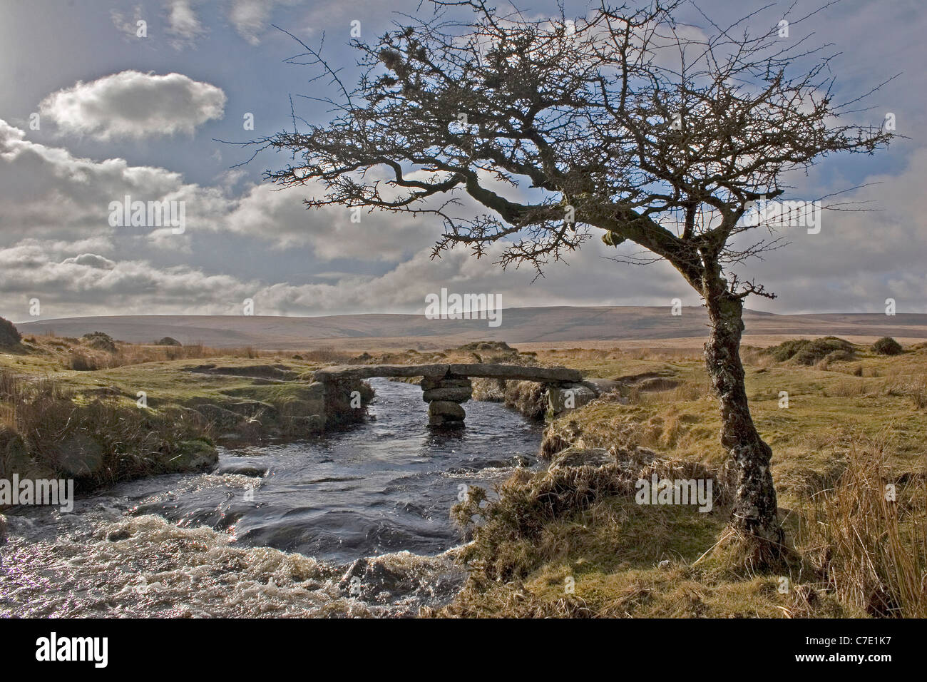 Clapper bridge over the River North Teign Dartmoor National Par Stock ...
