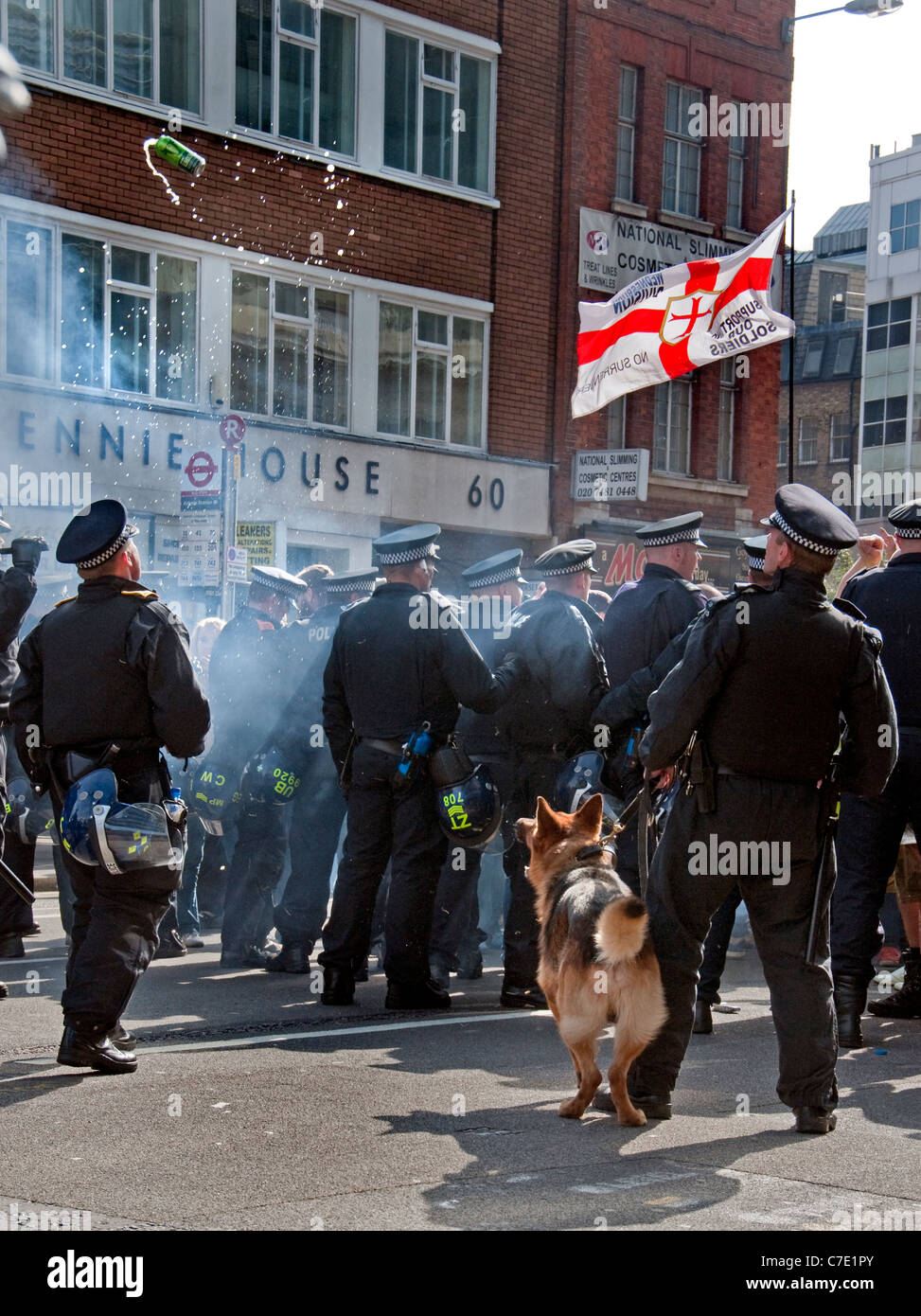 Police dogs being used for street riot during EDL march in London Stock ...
