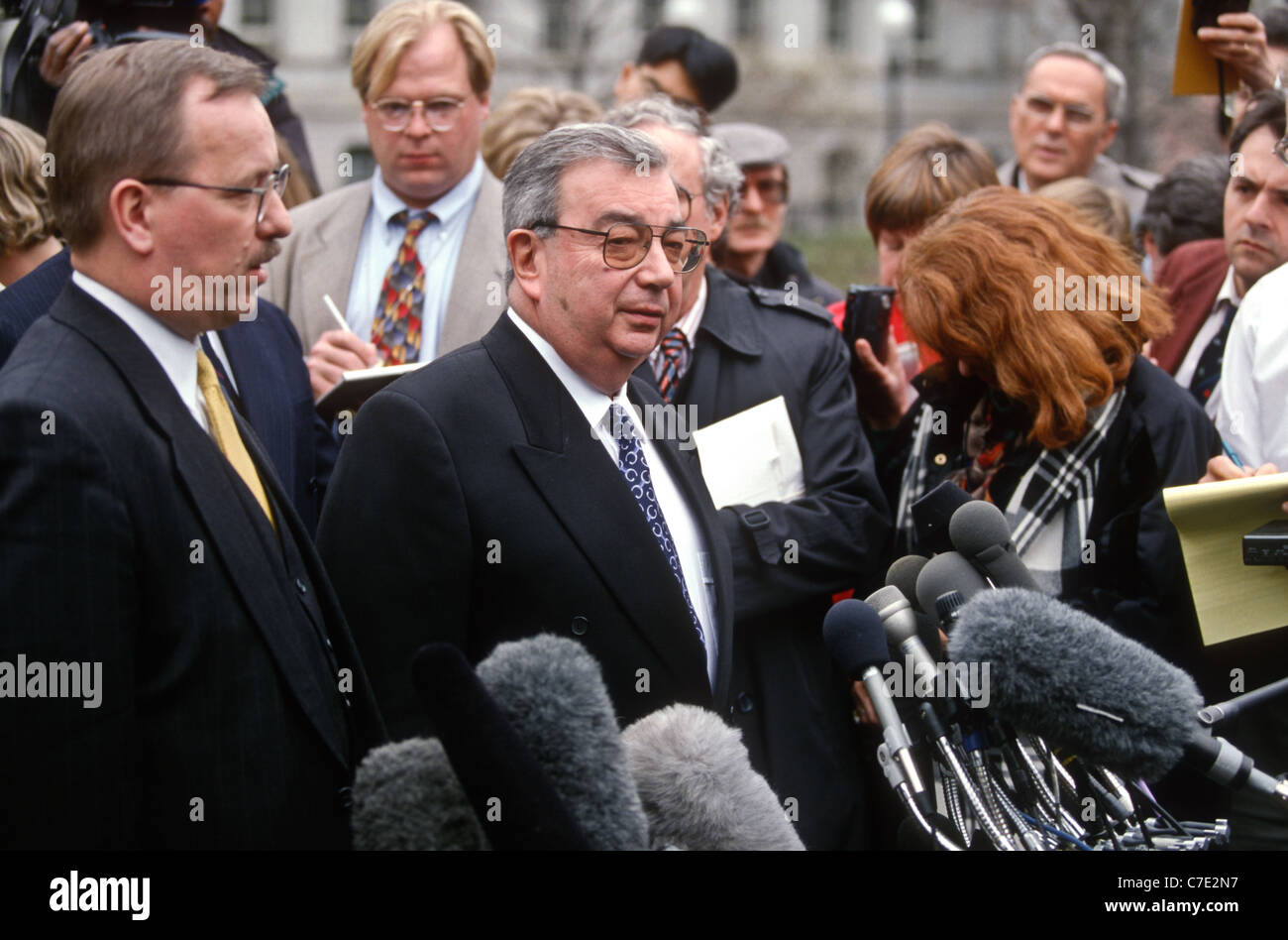 Russian Foreign Minister Yevgeni Primakov talks to reporters outside ...