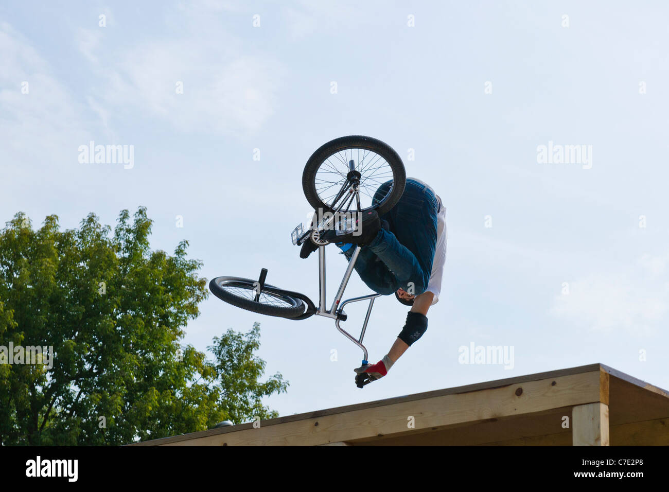 Bicycle acrobatics during mountain bikes competition in Moscow Gorky ...