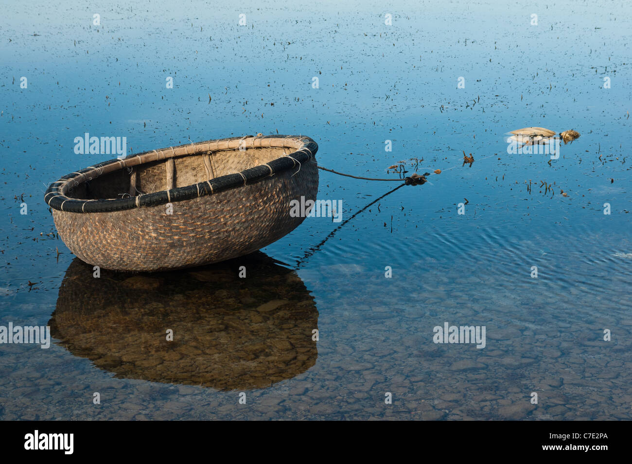 Thung chai or round bamboo basket boat on the beach in Vietnam Stock ...