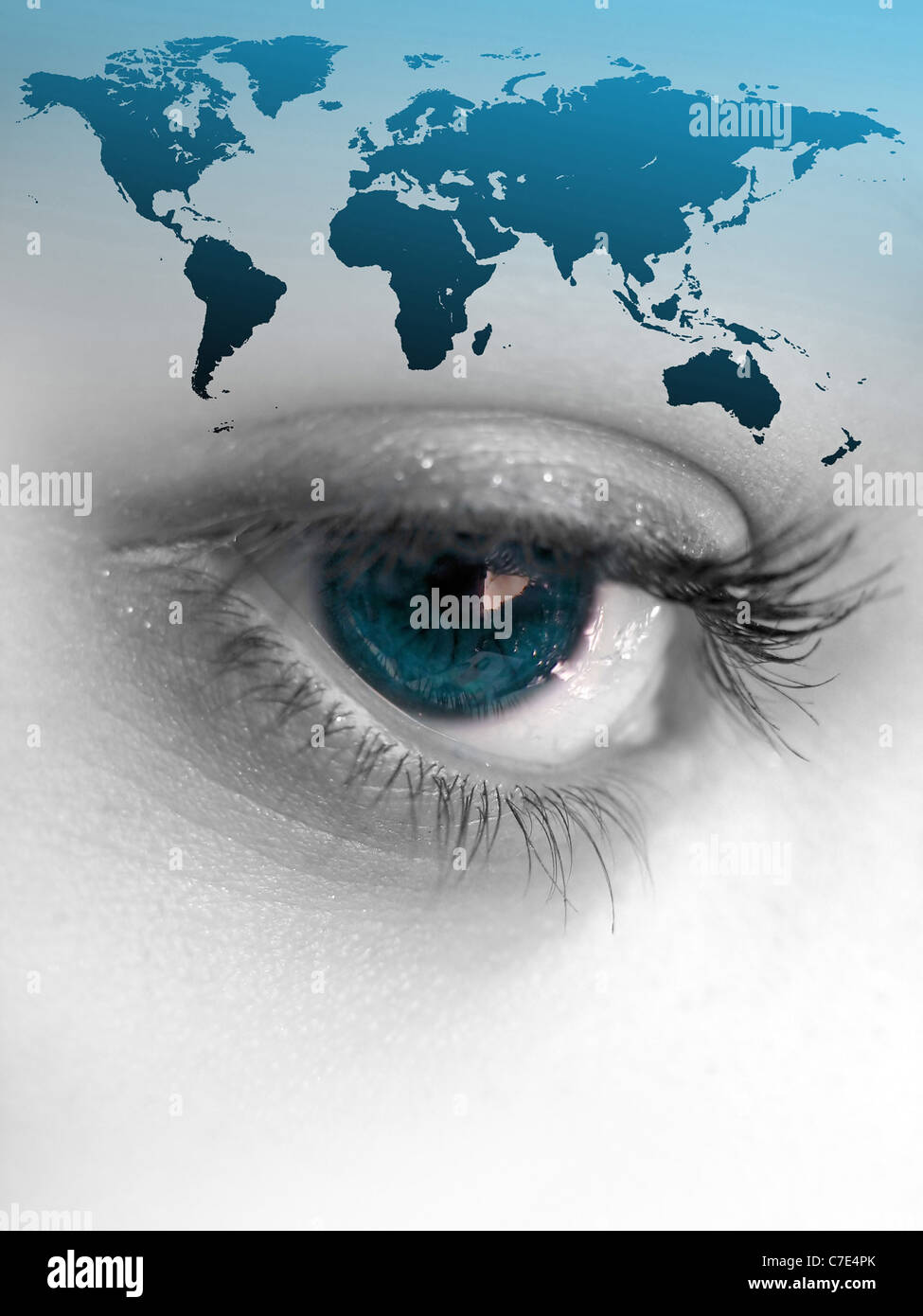 World eye montage with a map of the world's continents and a woman's ...