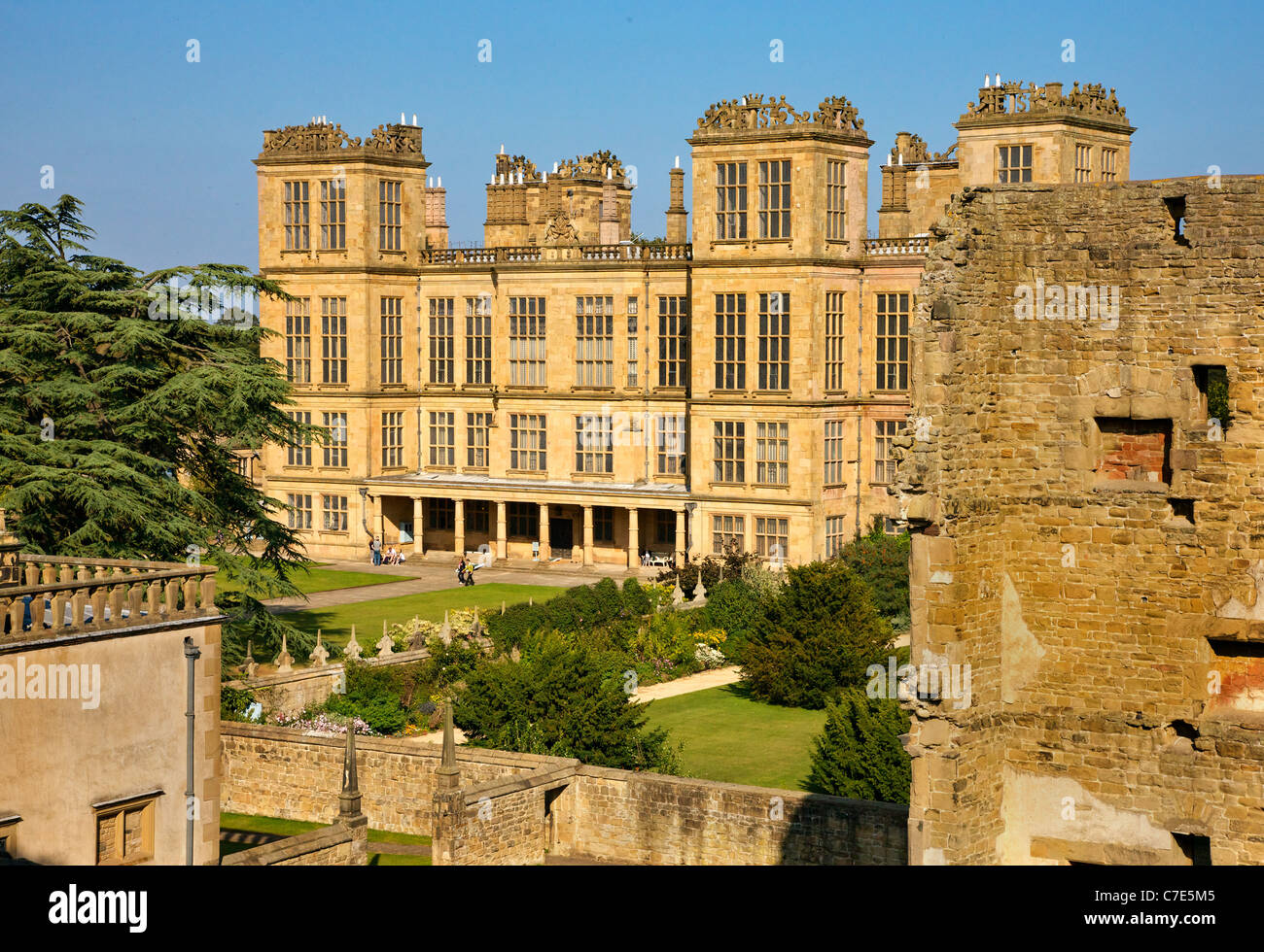 West facade of Hardwick Hall in Derbyshire UK seen from the ruined Old ...