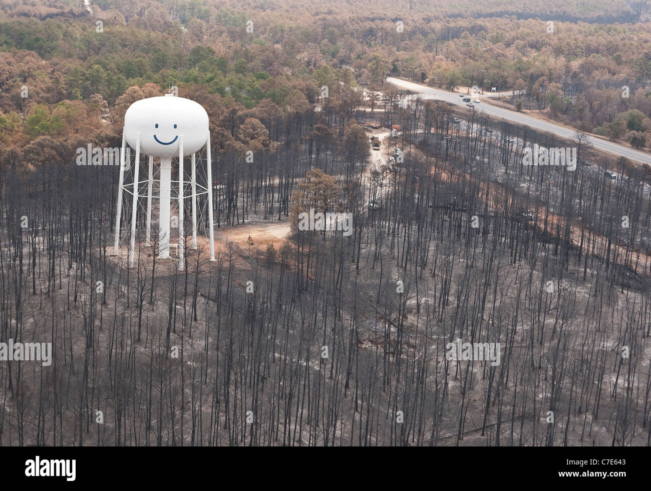 Aerial view of forest surrounding water tower devastated by wildfires ...