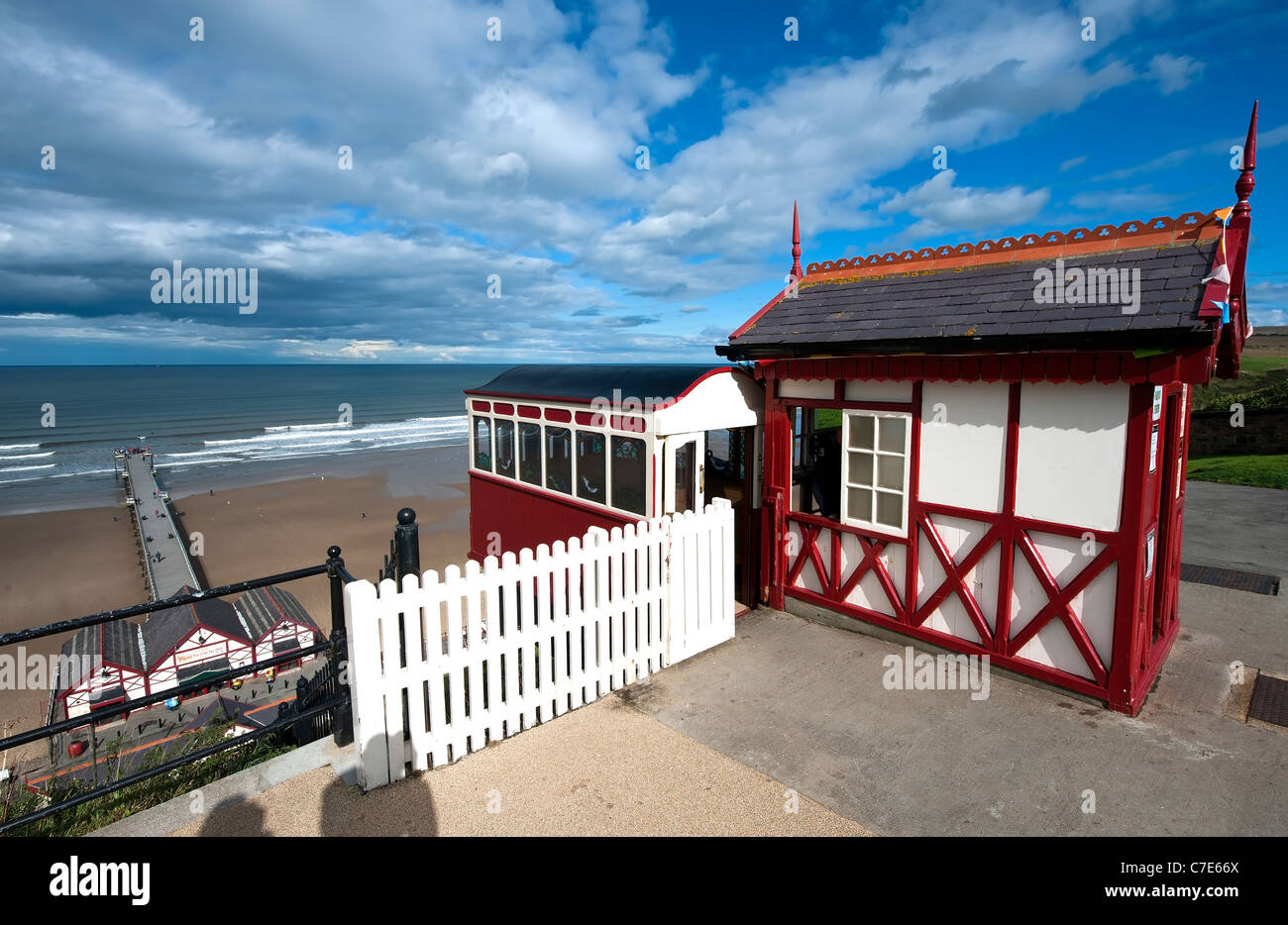 Cliff top view of the water powered Funicular Railway at Saltburn by ...