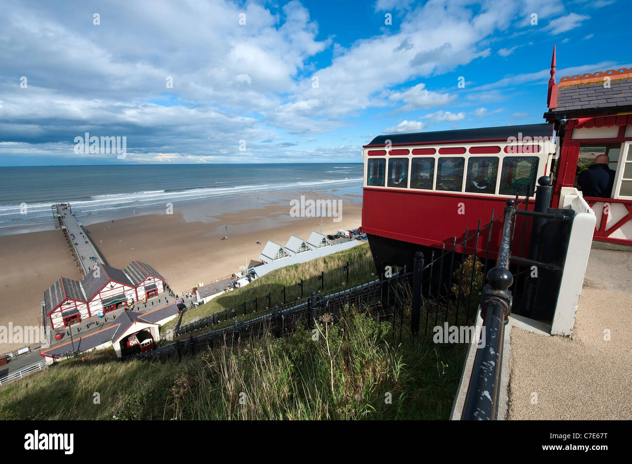 Cliff top view of the water powered Funicular Railway at Saltburn by ...