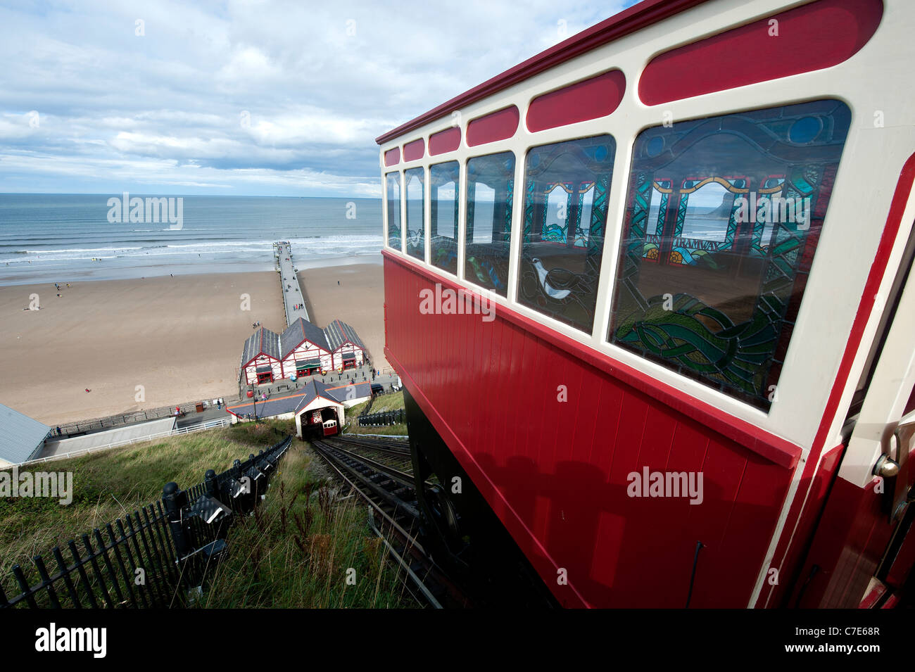 Cliff top view of the water powered Funicular Railway at Saltburn by ...