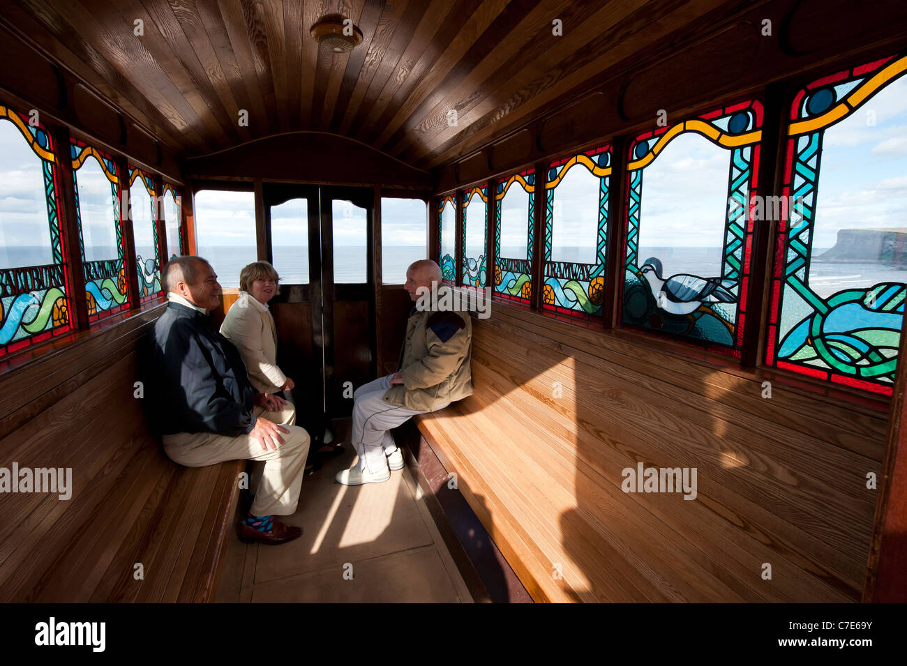 Cliff top view of the water powered Funicular Railway at Saltburn by ...