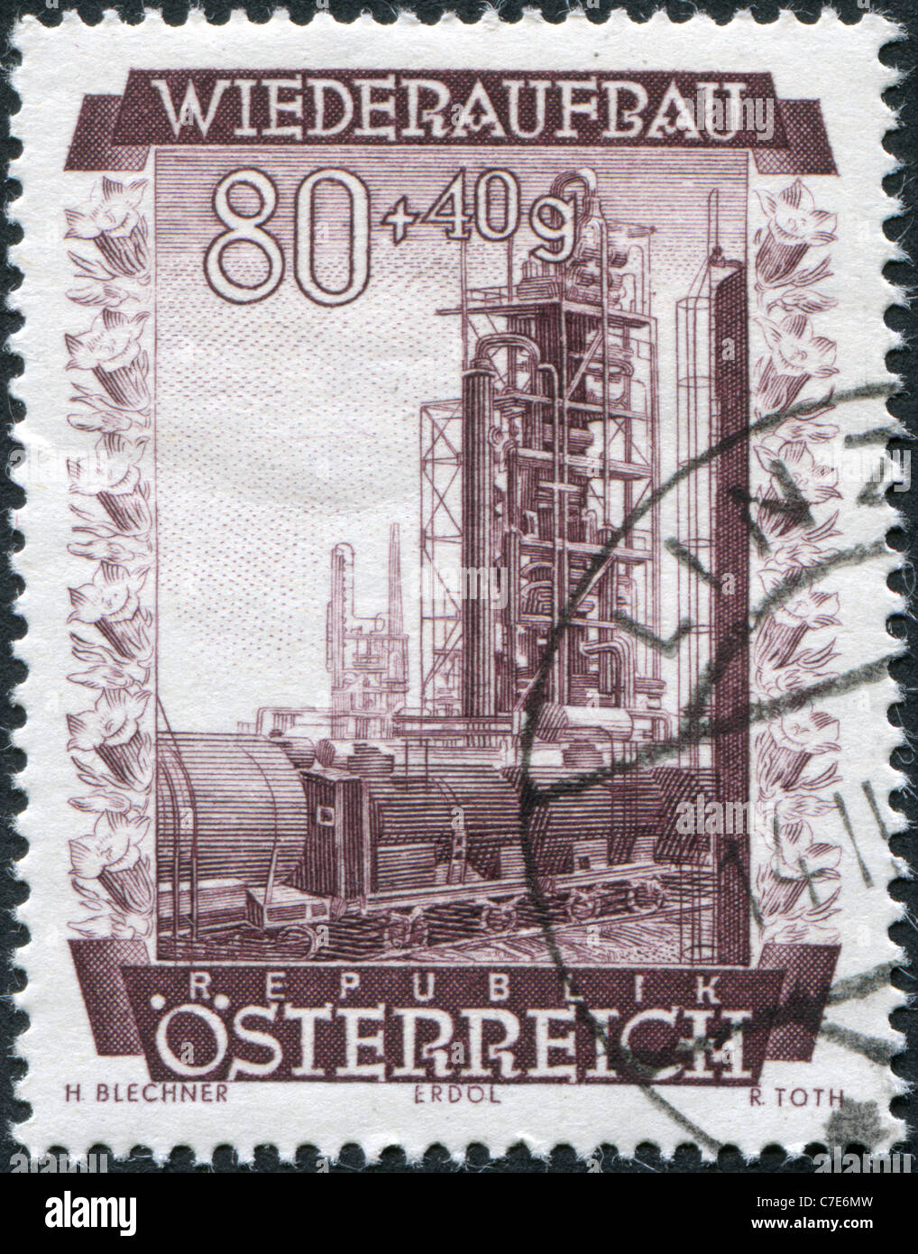 AUSTRIA - 1948: A stamp printed in Austria, shows a recovery plant for ...