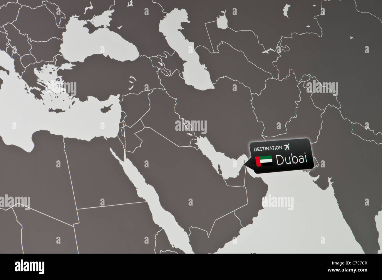A close-up of a computer display indicating the location of Dubai ...