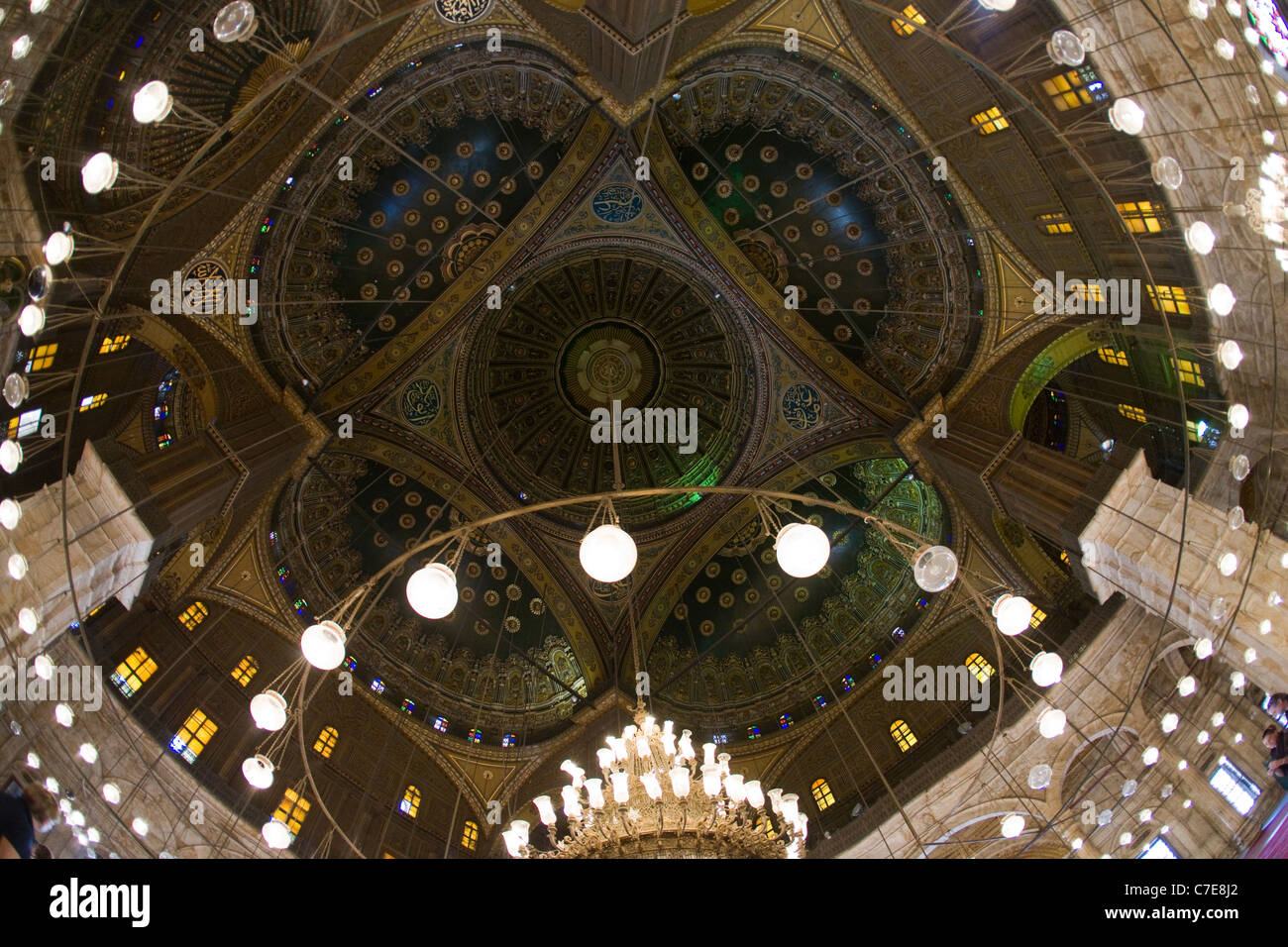 Inside the mosque of Muhammad Ali, looking up inside the dome, Cairo ...