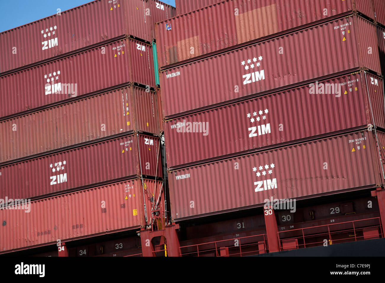 Cargo containers on the deck of a vessel from the ZIM Integrated ...