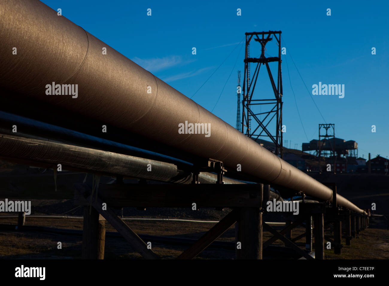 Thermal heating pipes in Longyearbyen, Svalbard. Old coal mining ...