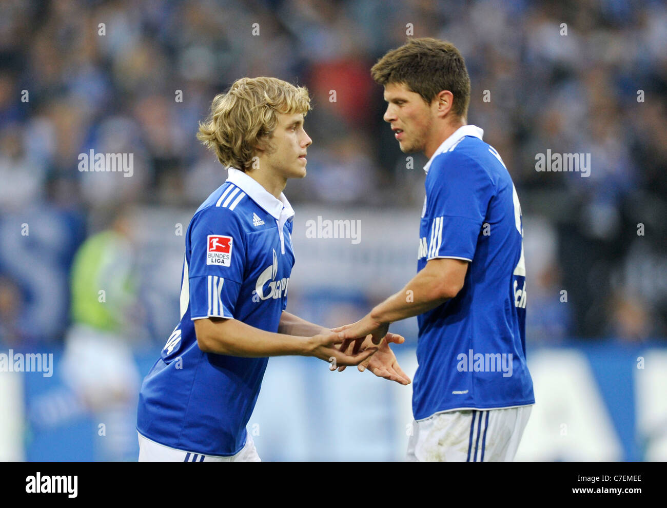 Teemu Pukki (S04) and Klaas-Jan Huntelaar (Schalke 04) during the ...