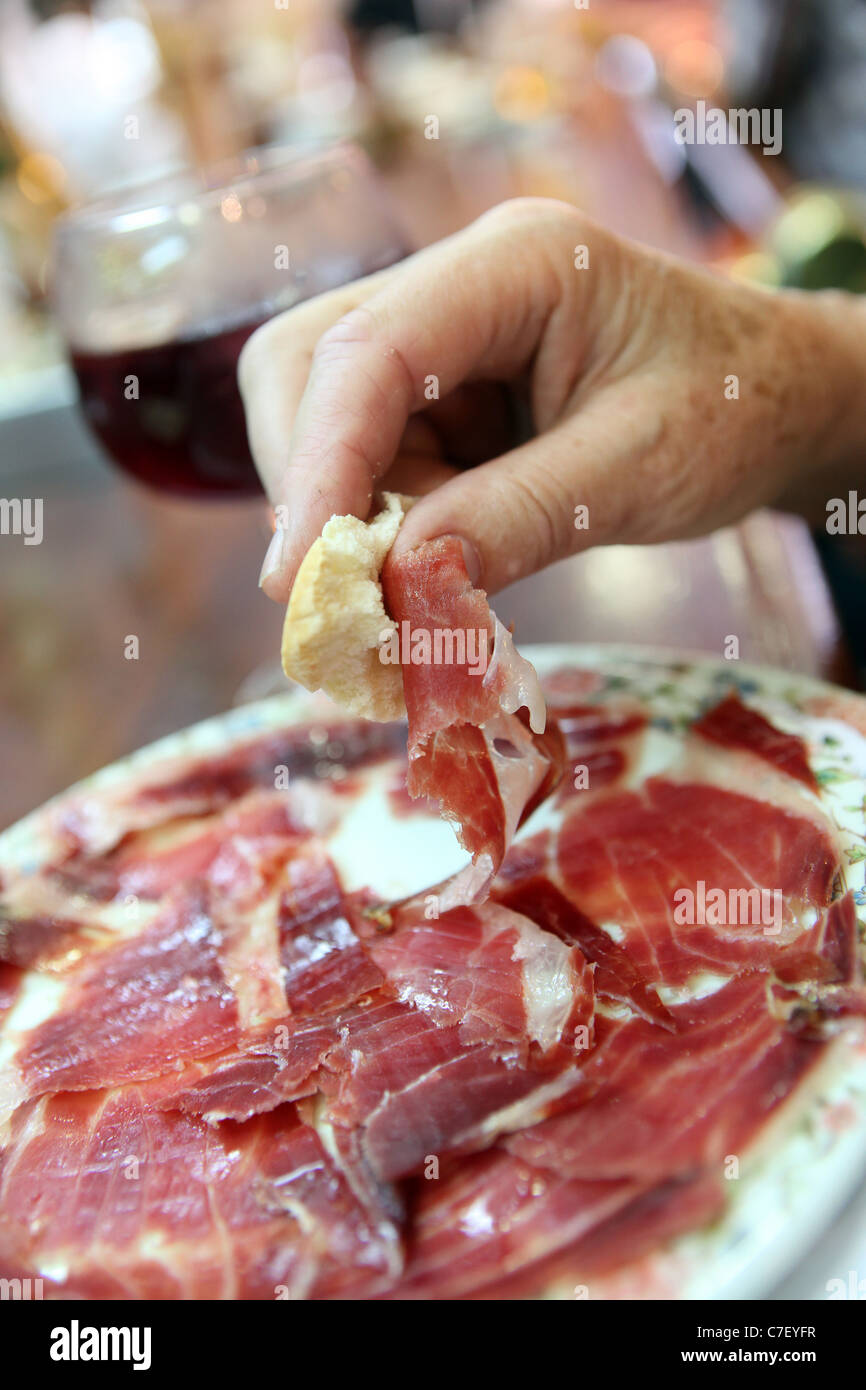 Tapas Trail in Jerez Spain. Pictured is traditional tapas eating in Seville. Pictured is Iberico ...