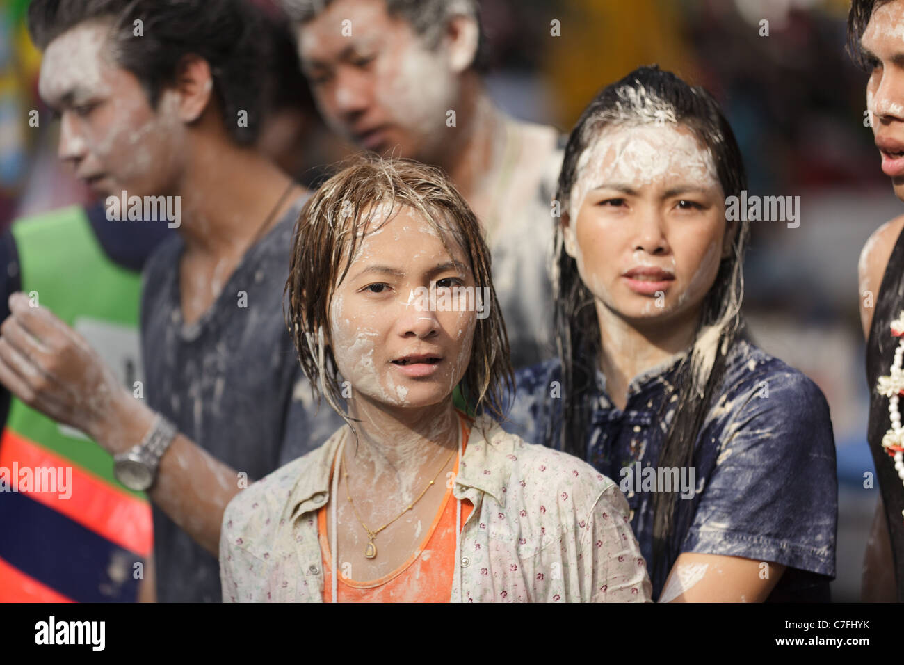 Thai people crowd celebrating song kran buddhist new year in silom road ...