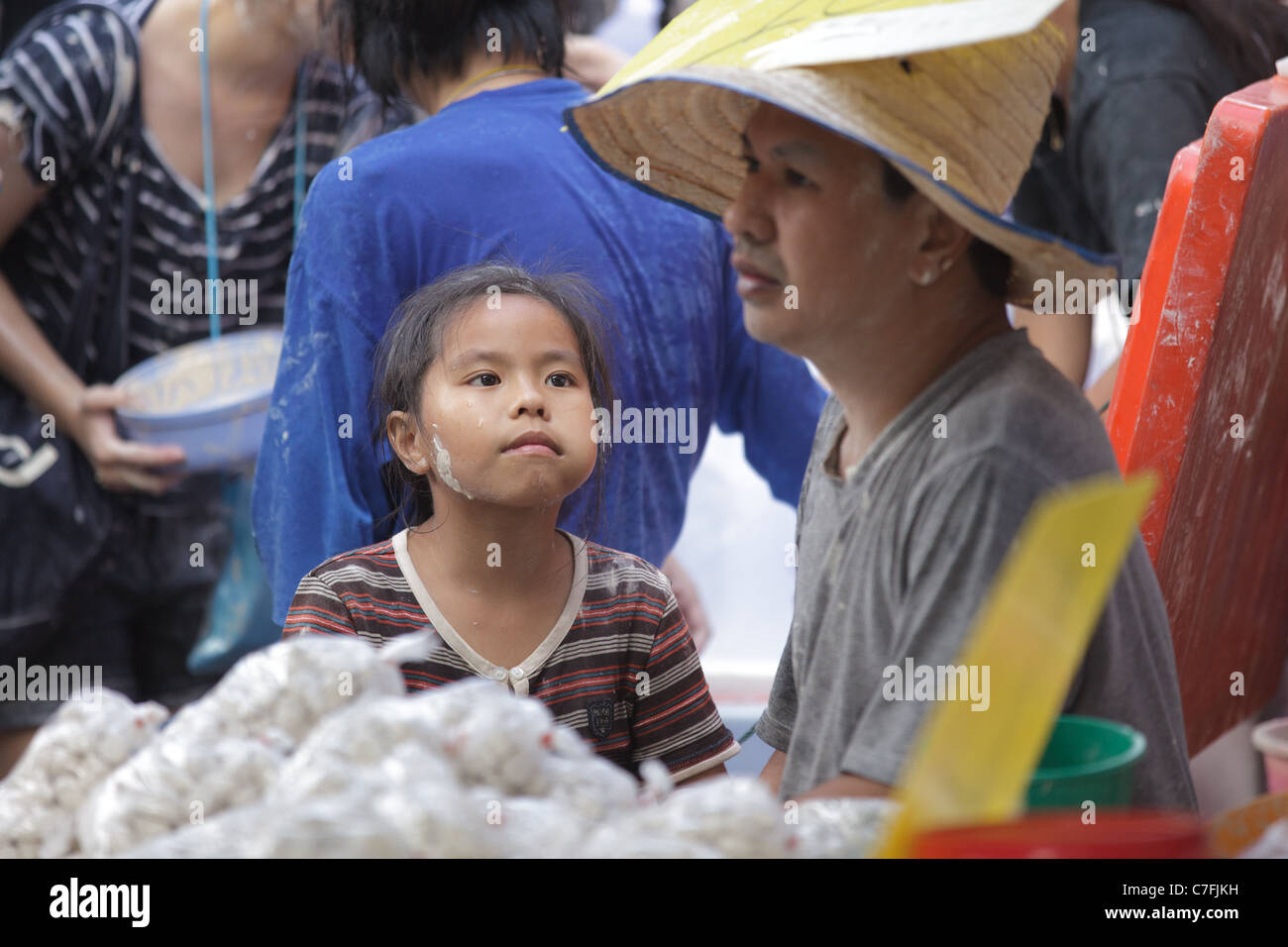 Thai people crowd celebrating song kran buddhist new year in silom road ...