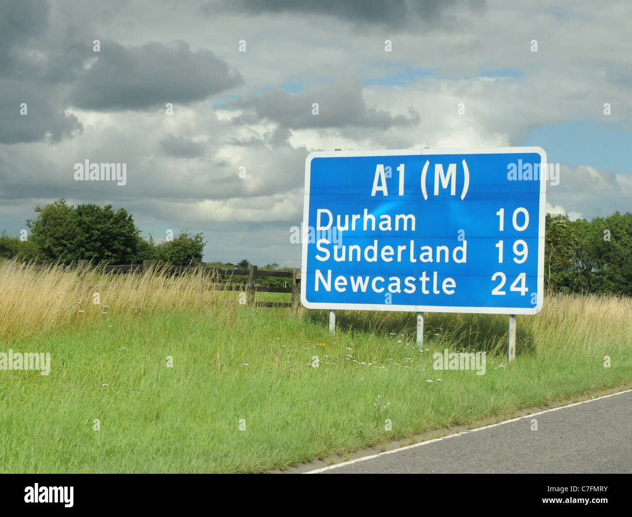A large motorway sign show the destinations of Durham, Sunderland and ...
