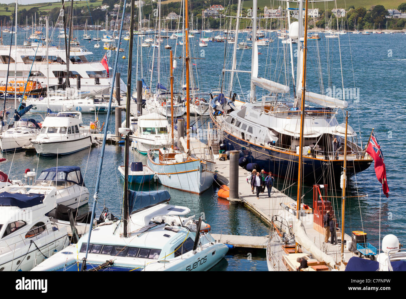 Yacts and pleasure boats moored in the River Fal at Falmouth, Cornwall ...