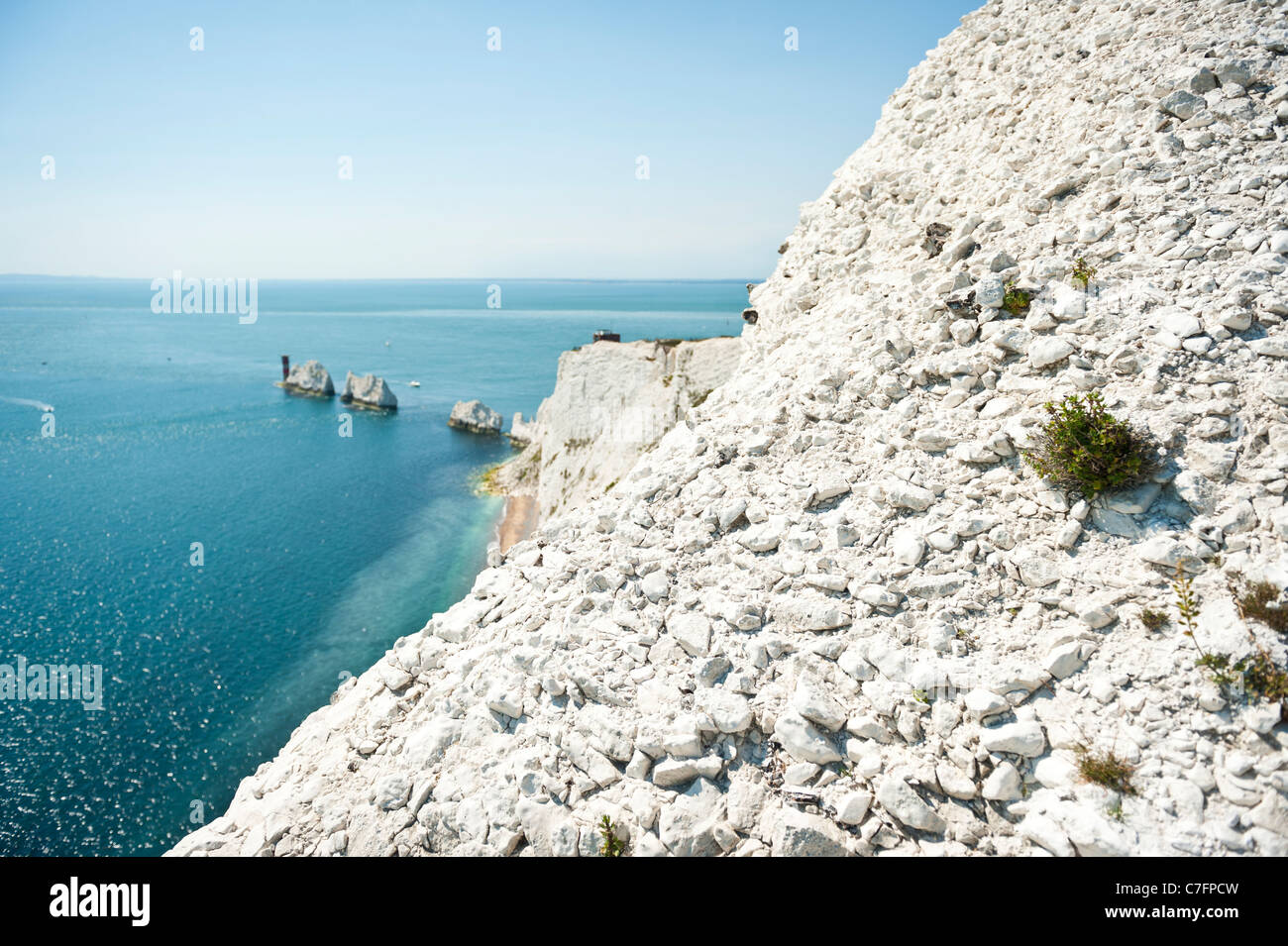 The Needles, lighthouse and chalk cliffs, Isle of Wight, UK Stock Photo ...