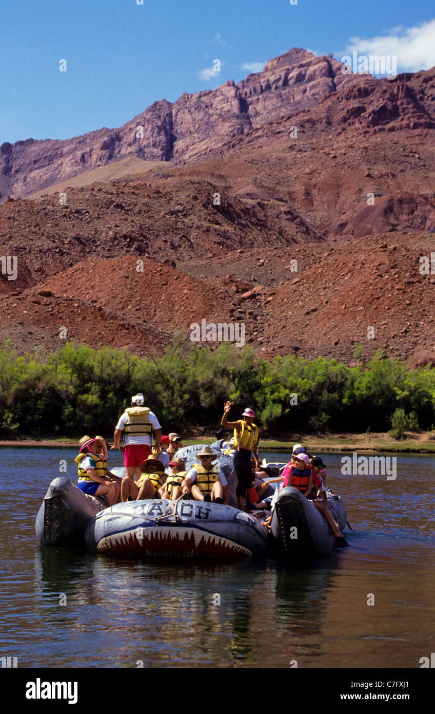Tourists in rubber raft on the Colorado River at Lees Ferry in Grand ...