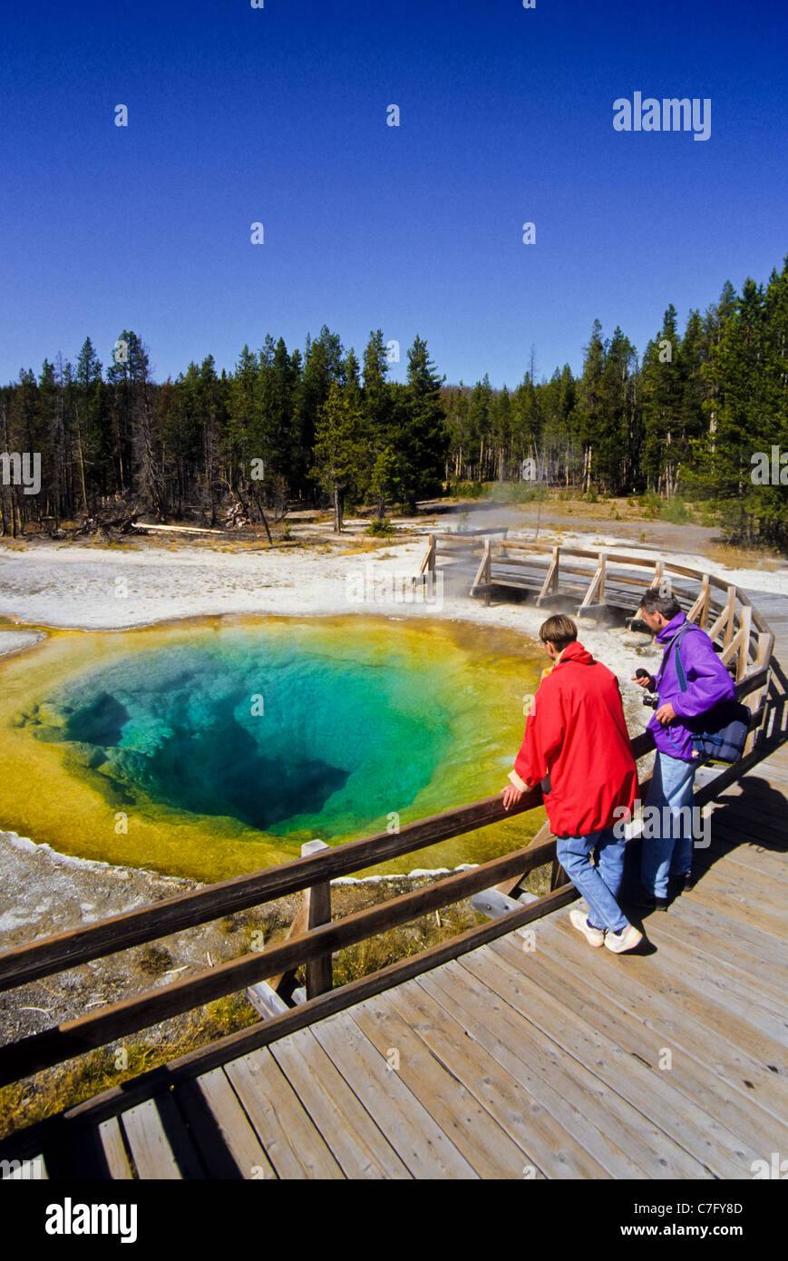 A couple watching the Morning Glory hot spring in Yellowstone national ...