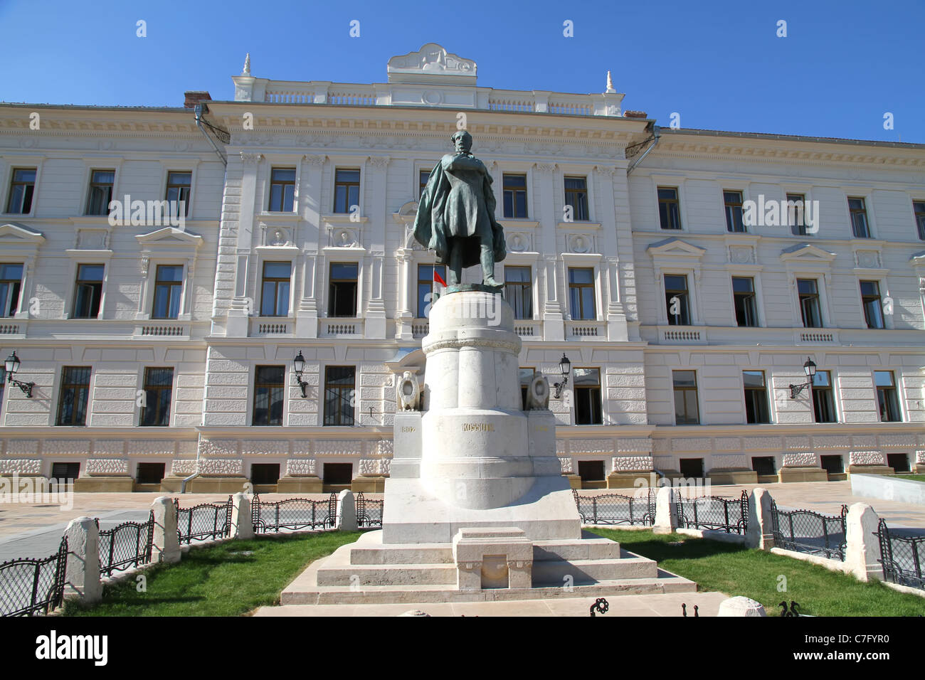 Statue of Kossuth in front of a governmental building in Pecs, Hungary ...