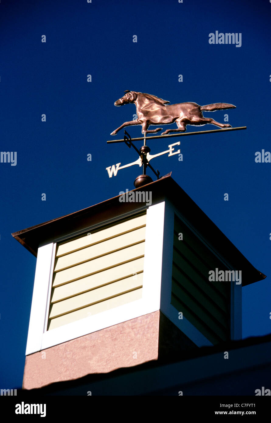 Weathervane of copper sculpted like a horse on top of a barn, Midwest ...