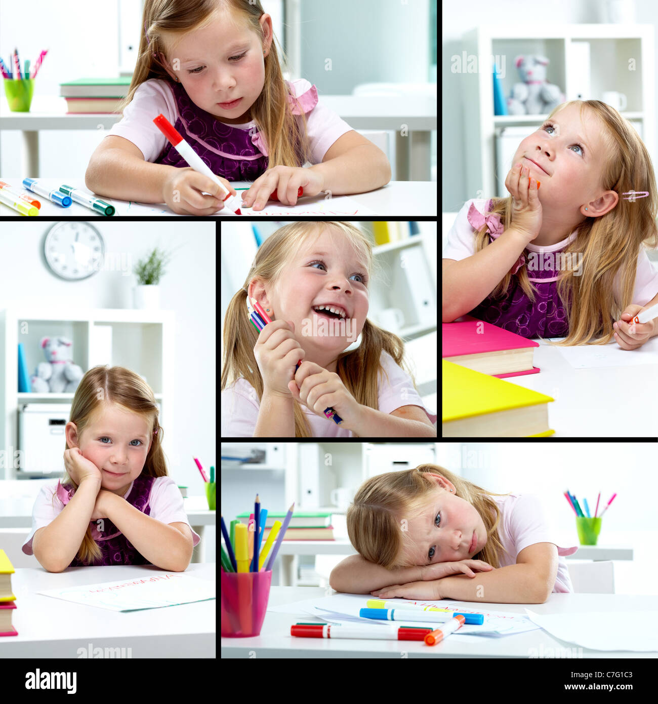 Collage of lovely girl drawing with colorful pencils Stock Photo - Alamy