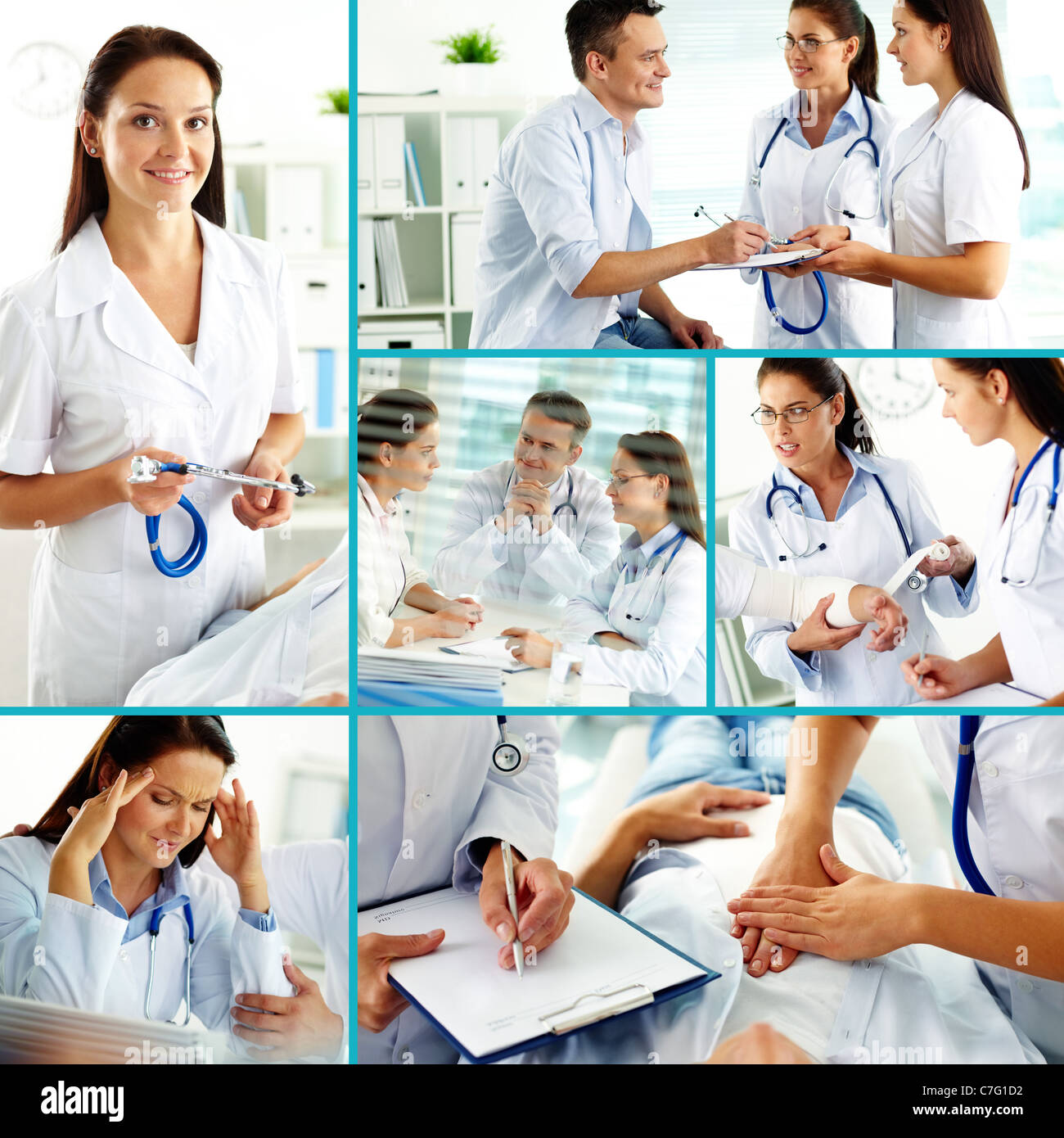 Collage of confident doctors and their patients in hospital Stock Photo ...