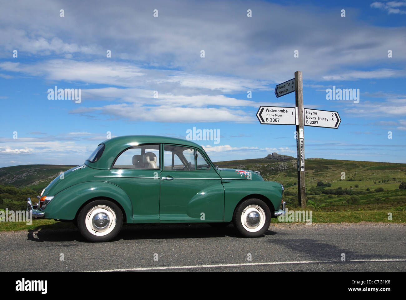 classic Morris Minor touring the Dartmoor countryside Devon UK Stock ...