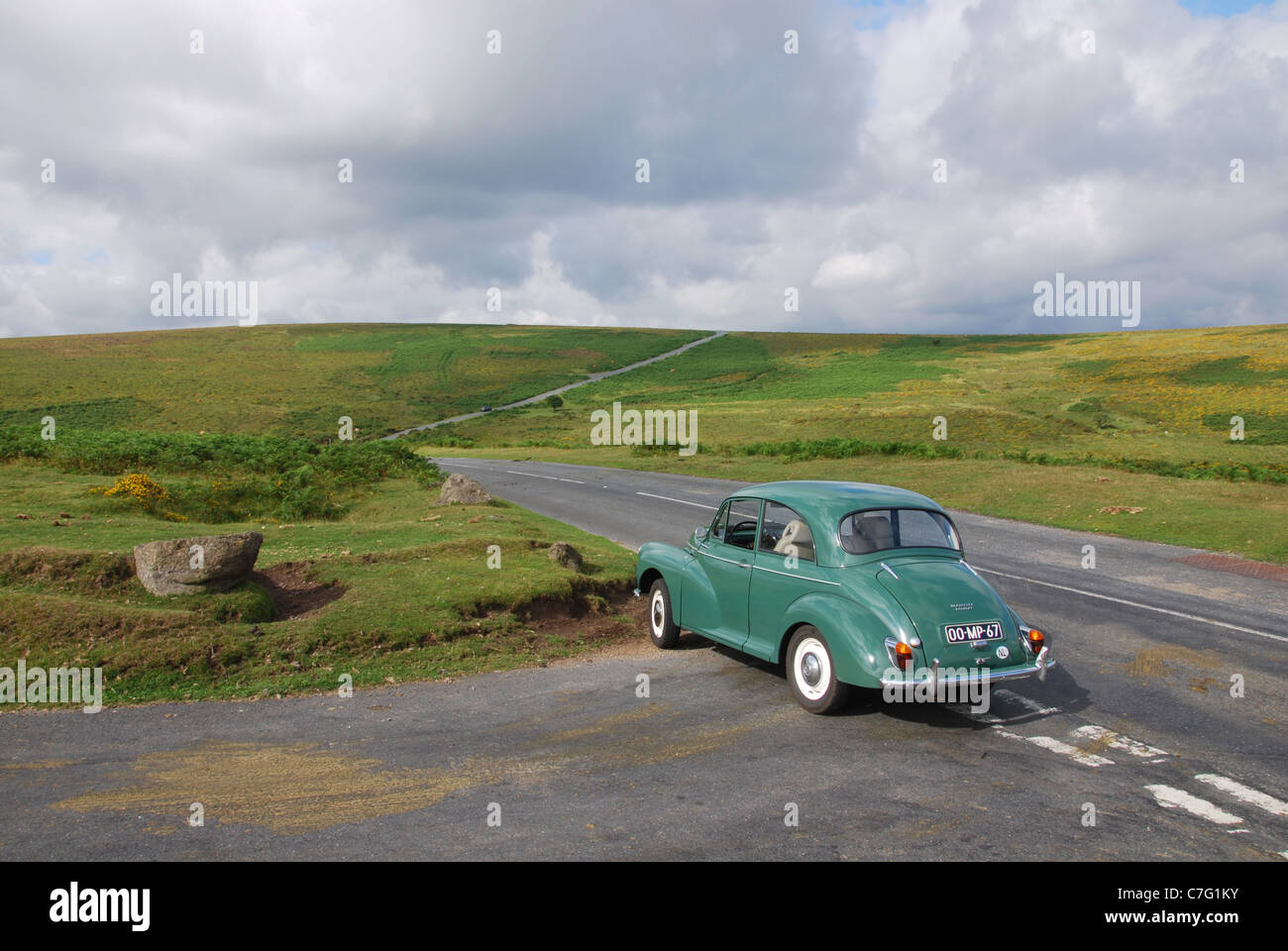 classic Morris Minor touring the Dartmoor countryside Devon UK Stock ...
