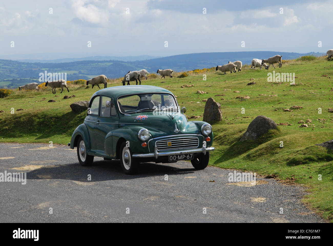 classic Morris Minor touring the Dartmoor countryside Devon UK Stock ...