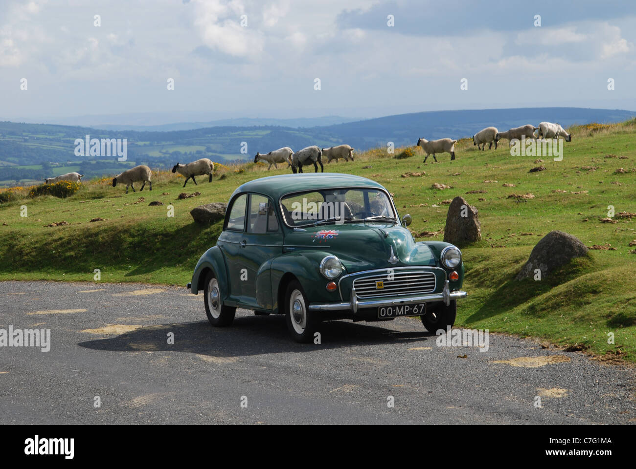 classic Morris Minor touring the Dartmoor countryside Devon UK Stock ...