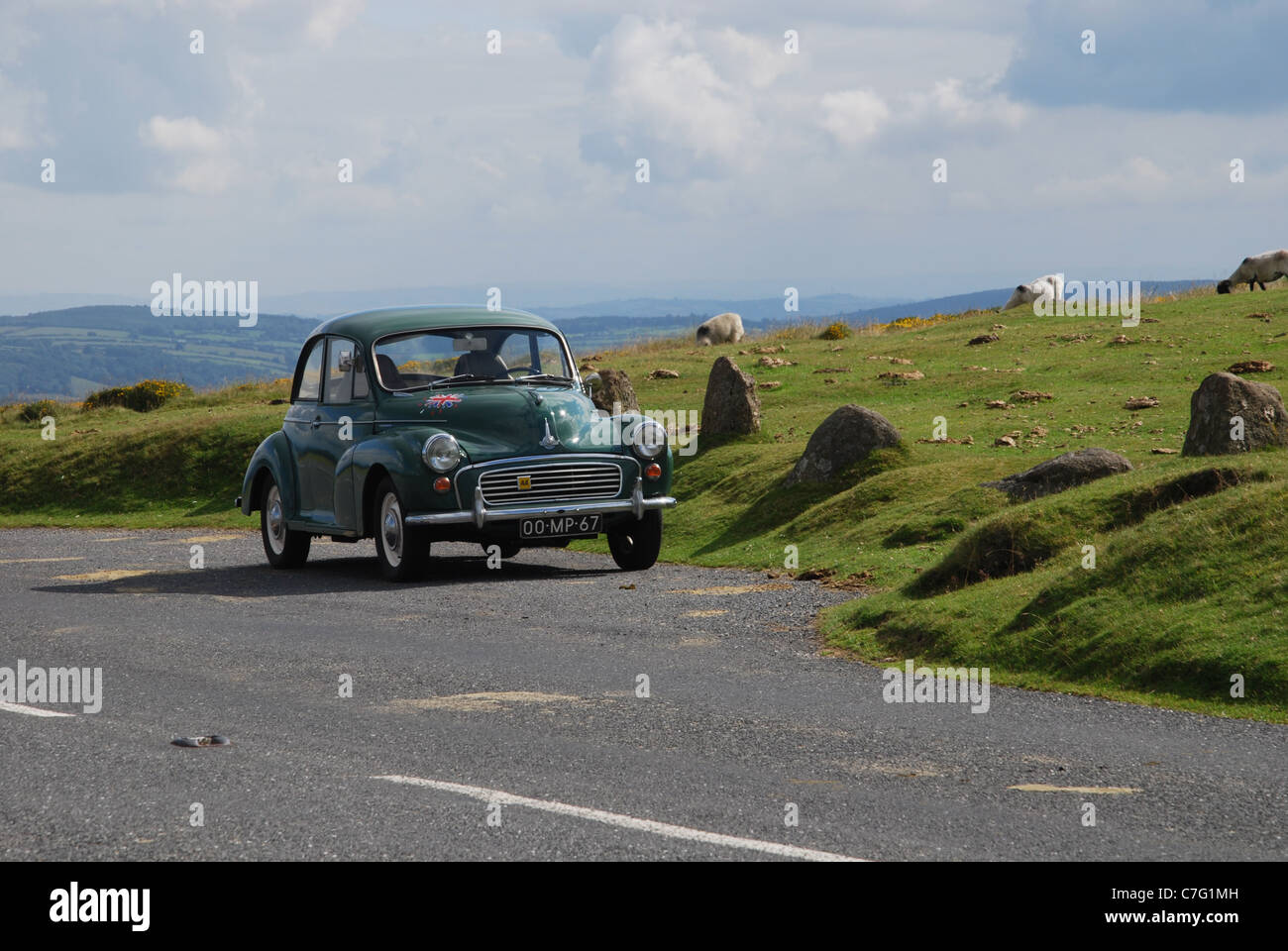 classic Morris Minor touring the Dartmoor countryside Devon UK Stock ...