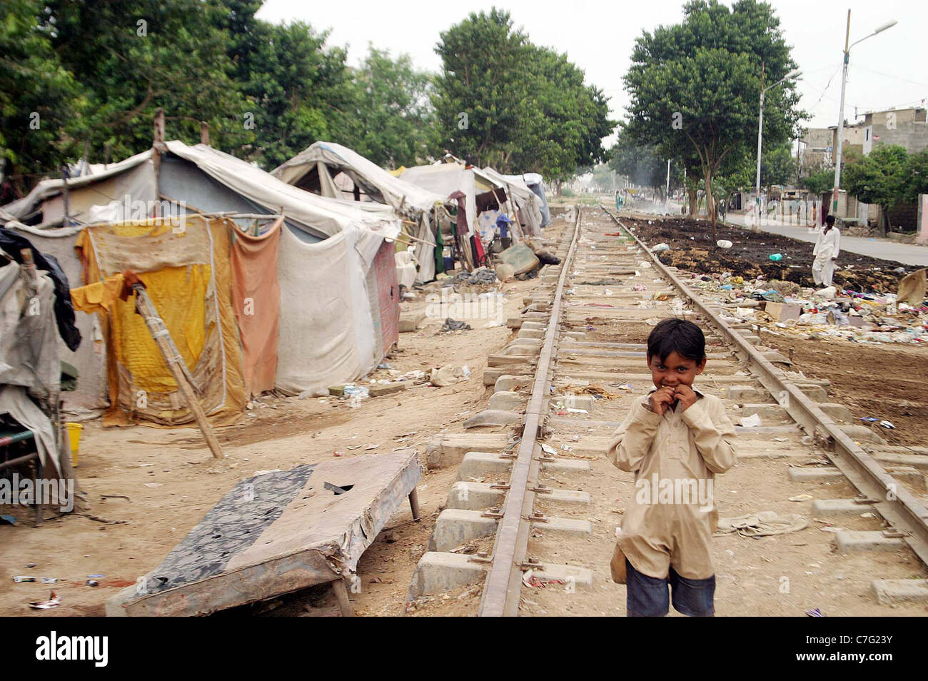 A view of make-shift hut houses which were established at railway track ...