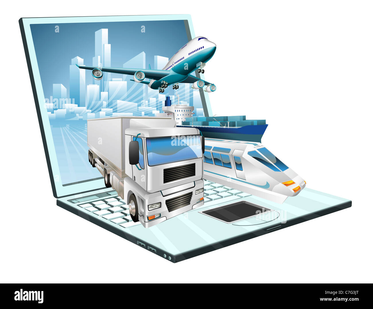 Logistics laptop computer, delivery, transportation; plane, truck, ship ...