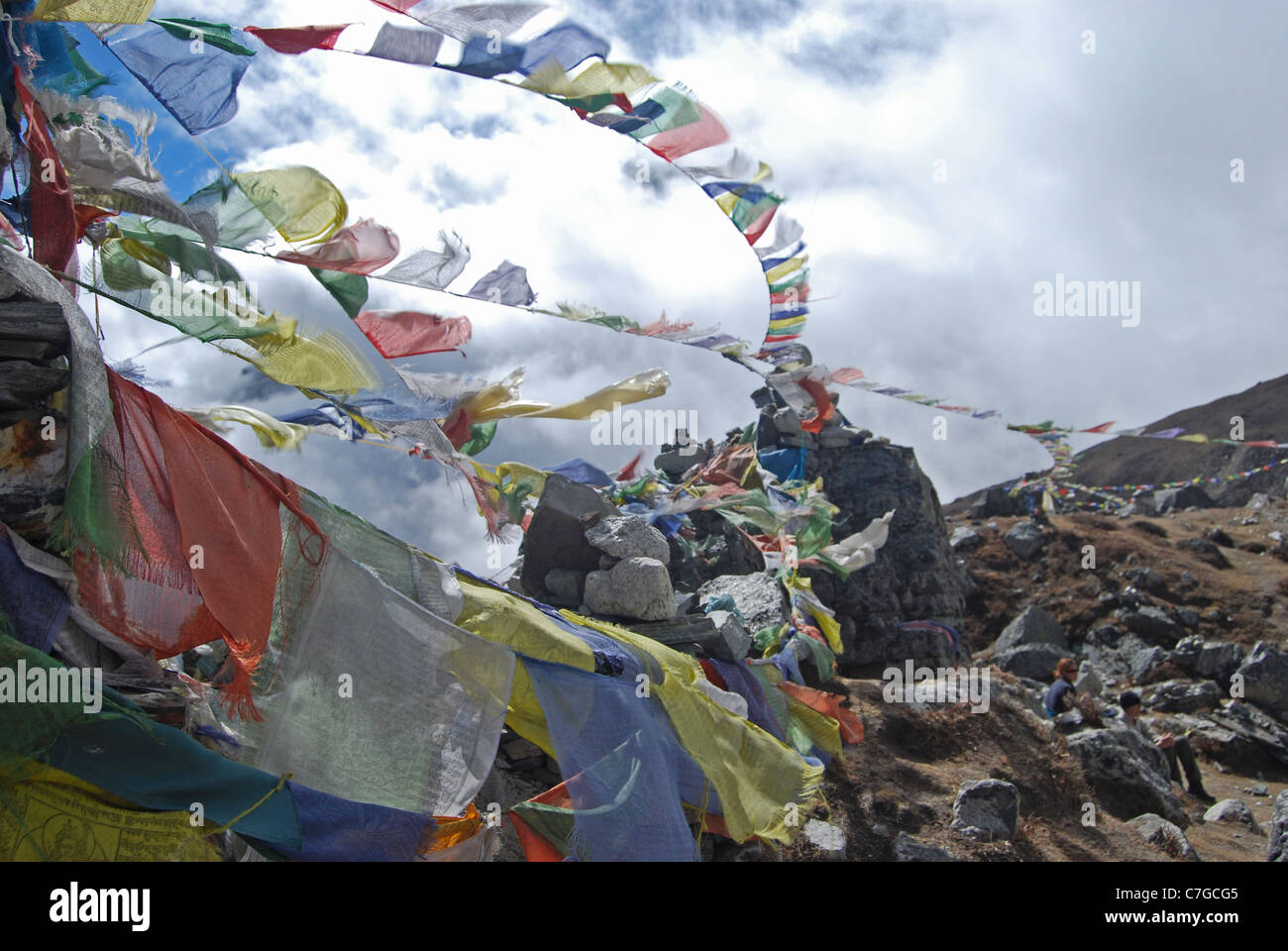 Prayer flags blowing on a windy mountainside, Nepal Stock Photo - Alamy