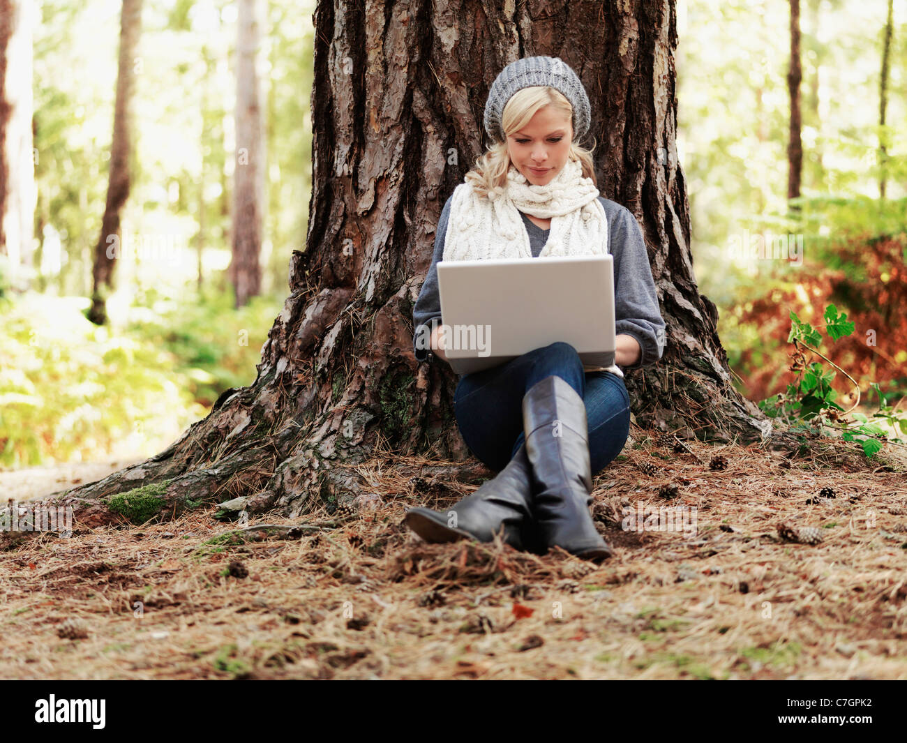 Woman Sitting Against Tree Trunk High Resolution Stock Photography and ...