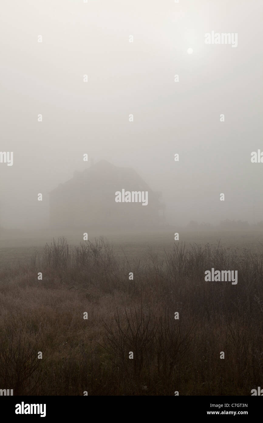 A building in a misty field Stock Photo - Alamy