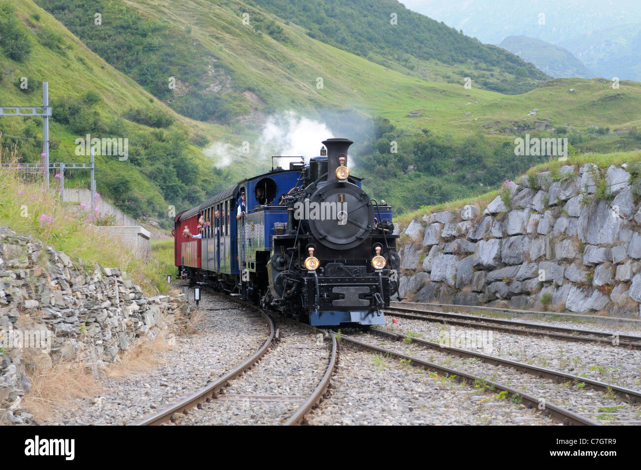Furka cogwheel railway steam engine HG 3/4 No. 1 at the Realp railway ...