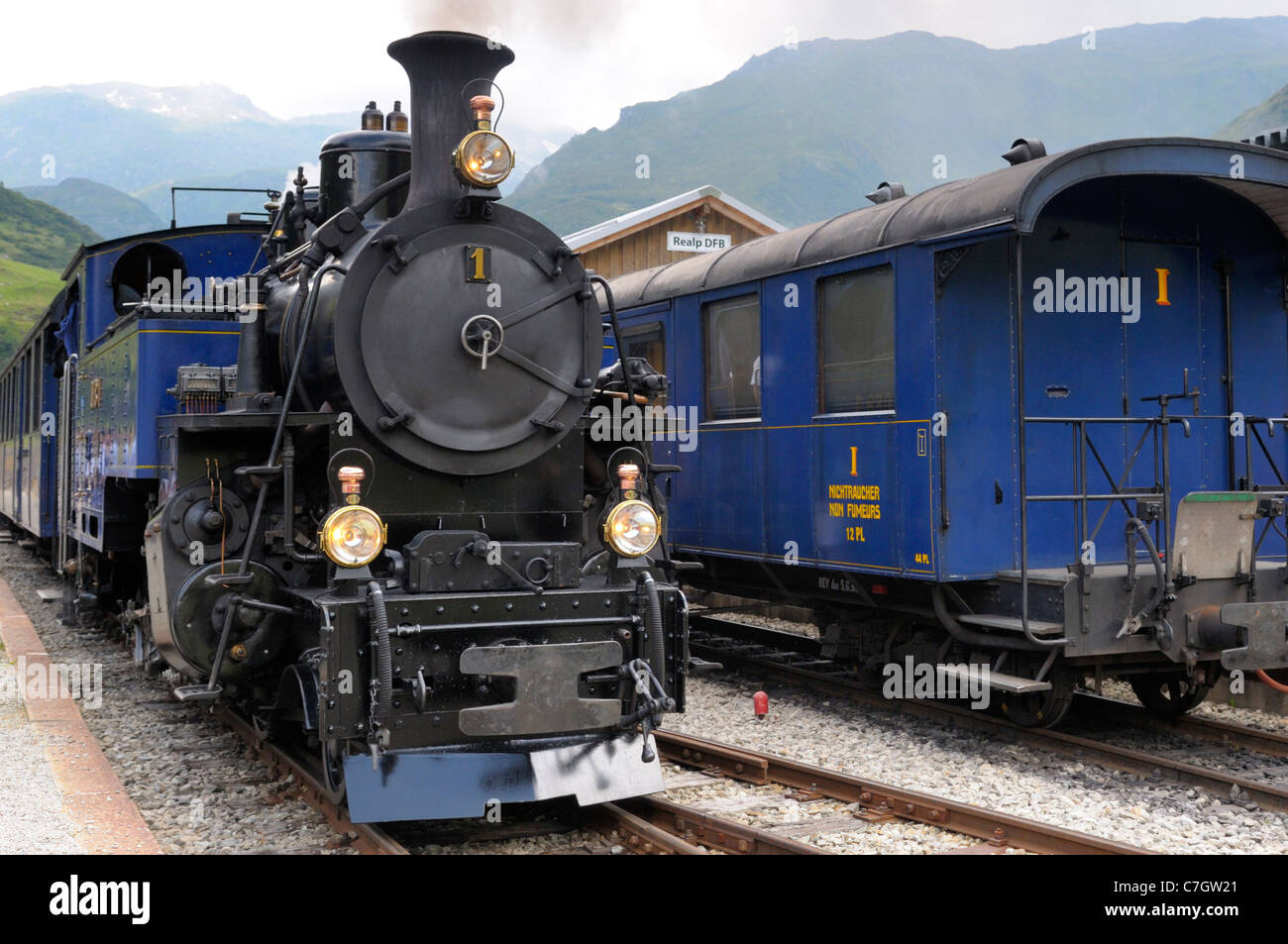 Furka cogwheel railway steam engine HG 3/4 No. 1 at the Realp railway ...