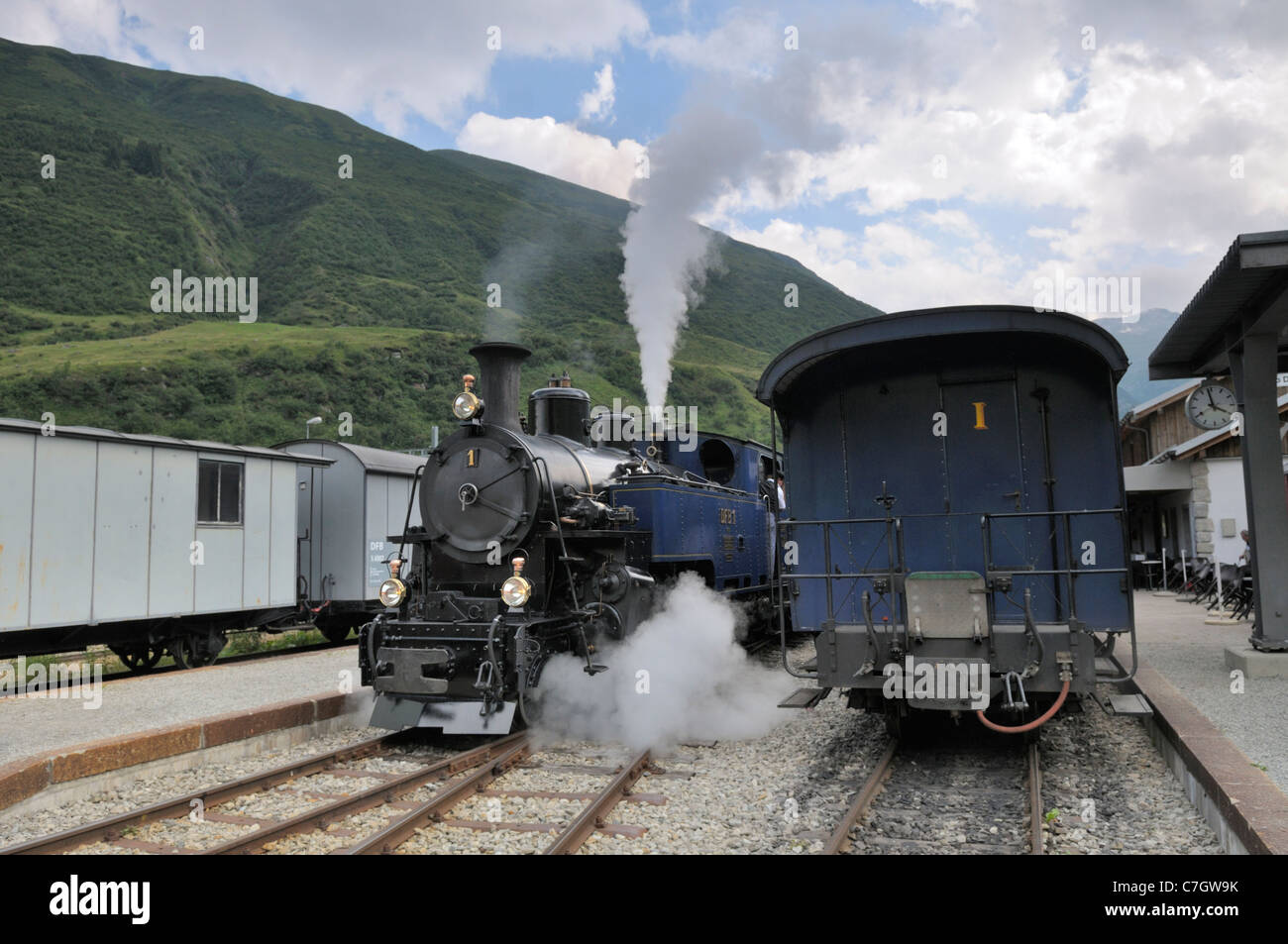 Furka cogwheel railway steam engine HG 3/4 No. 1 at the Realp railway ...