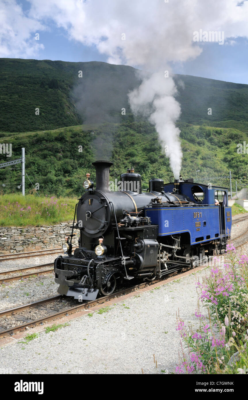 Furka cogwheel railway steam engine HG 3/4 No. 1 at the Realp railway ...