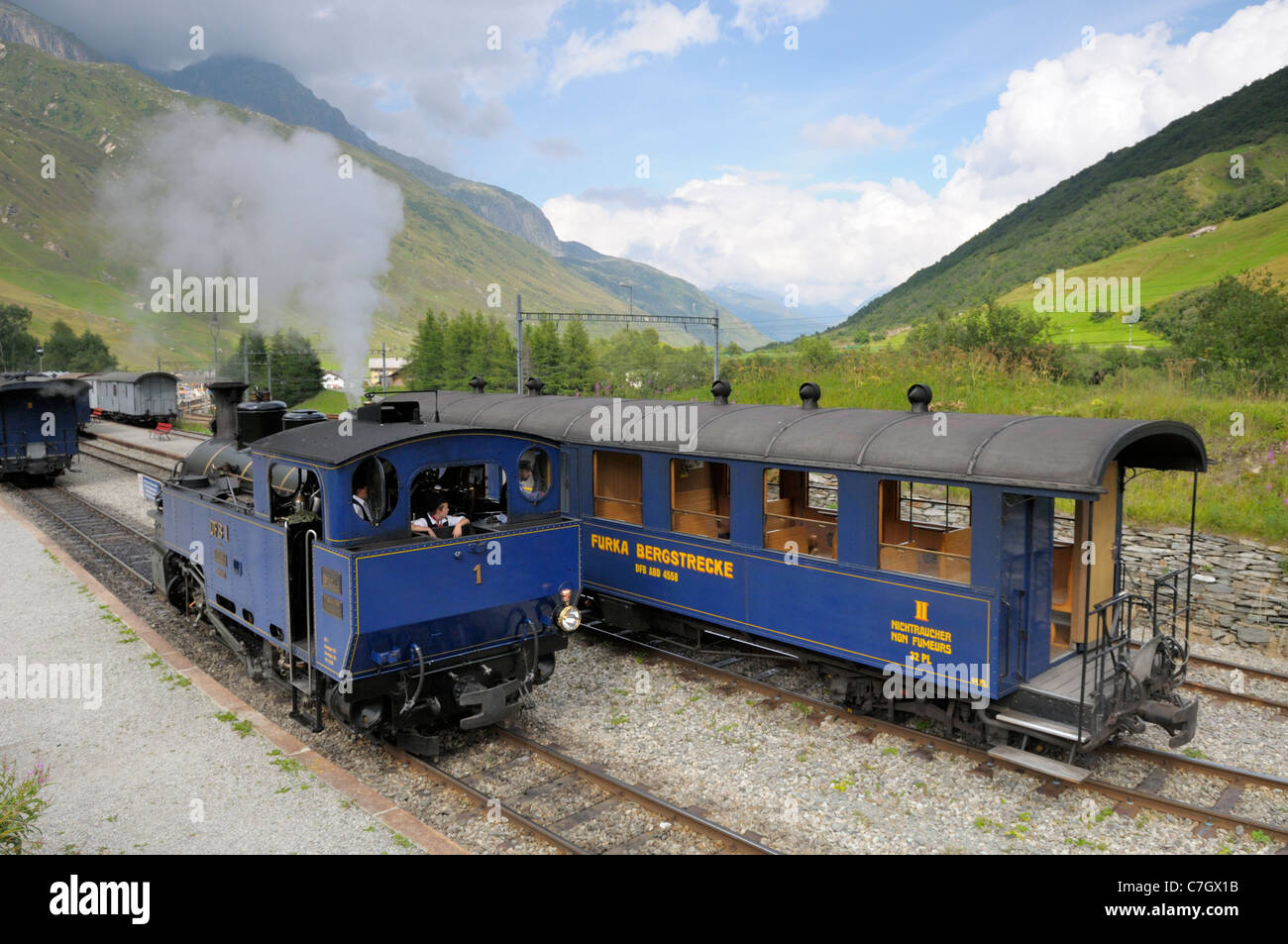 Furka cogwheel railway steam engine HG 3/4 No. 1 at the Realp railway ...