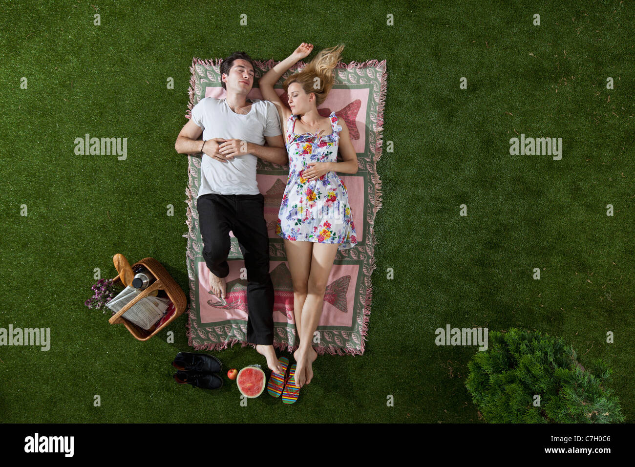 A couple napping on a blanket in a park, overhead view Stock Photo - Alamy